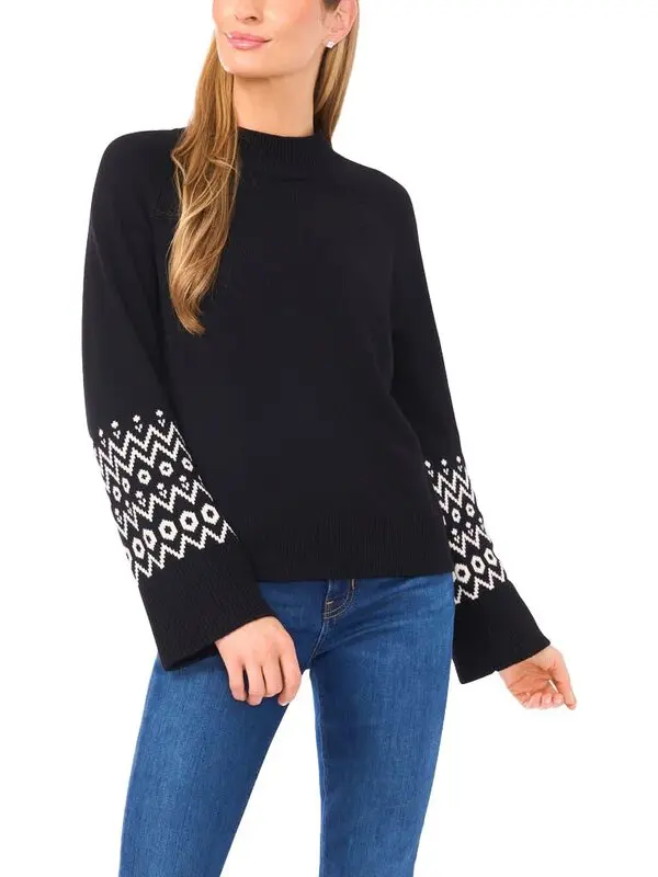 Halogen Fair Isle Accent Mock Neck Sweater - Rich Black