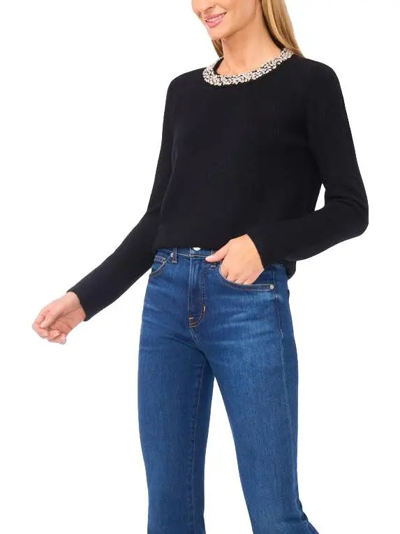 Halogen Rhinestone Collar Crewneck Sweater - Rich Black