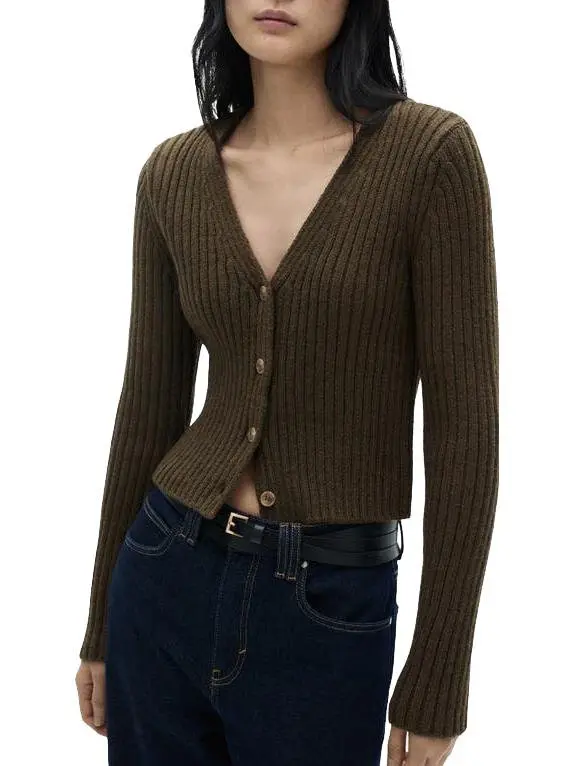 Mango V-neck Ribbed Cardigan - Khaki Green