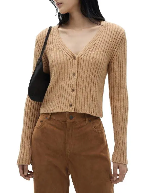 Mango V-neck Ribbed Cardigan - Medium Brown