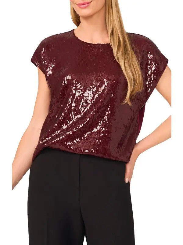 Halogen Sequin Cap-sleeve Top - Burgundy
