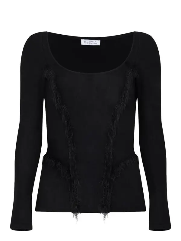 GLORIA COELHO Frayed-detail Scoop-neck Top - Black
