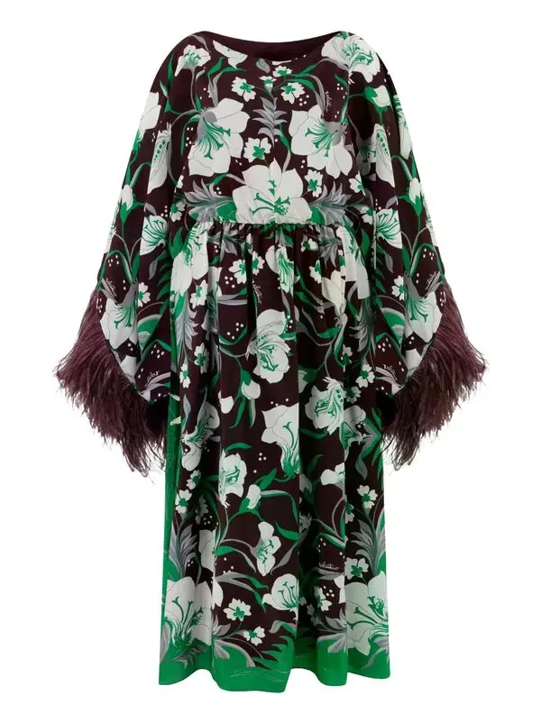 Valentino Garavani Feather-trim Floral Dress - Brown
