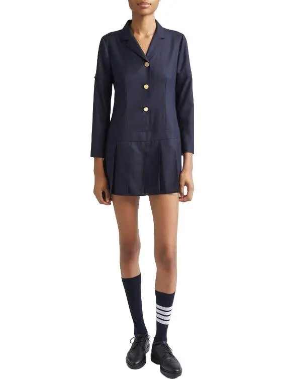 Thom Browne Long Sleeve Pleated Wool Blazer Dress - Navy