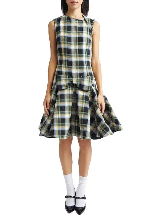SHUSHU/TONG Plaid Asymmetric Neck Dress - Green Plaid
