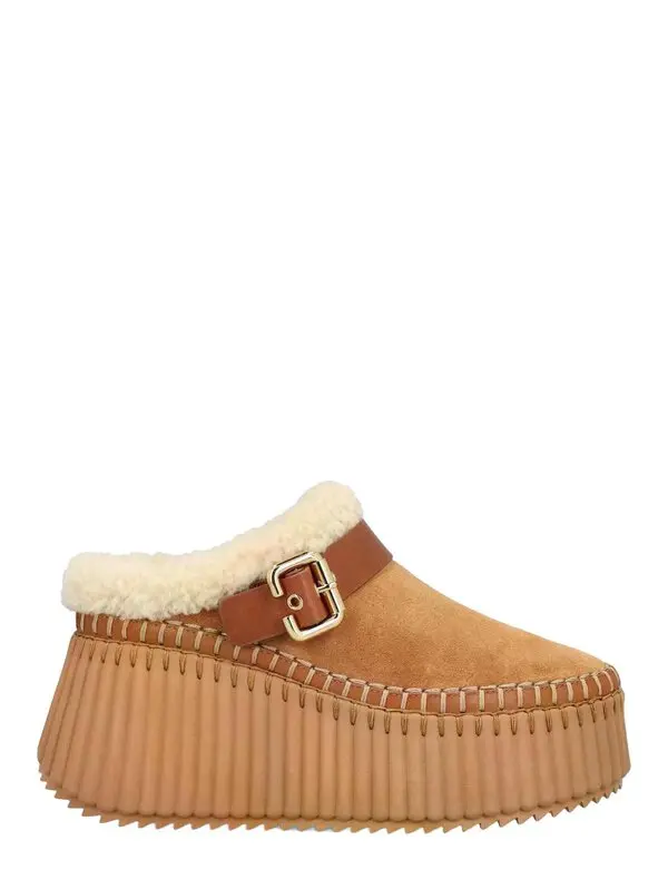 Chloé Nama Wedge Shearling Mules - Brown