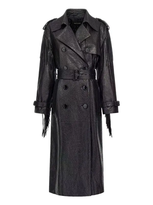 Roberto Cavalli Fringed Leather Trench Coat - Black