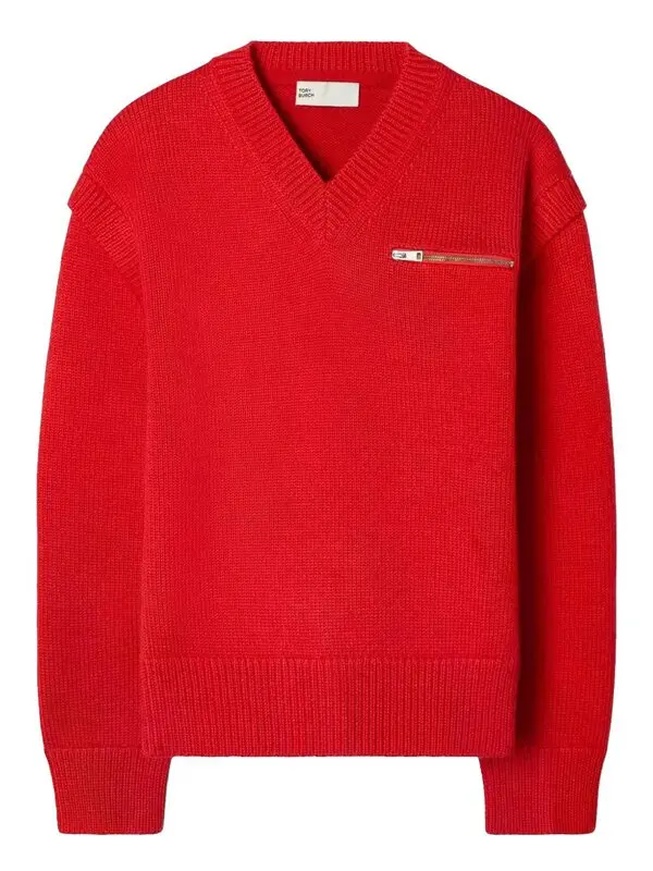 Tory Burch Zip V-neck Wool Sweater - Red