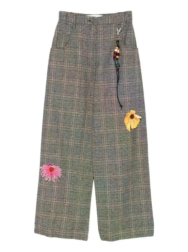 SONG FOR THE MUTE Checked Trousers With Floral Appliqu - Brown