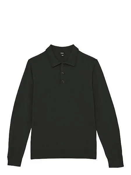 REISS Trafford Long-sleeved Wool Polo Shirt - Dark Military Green