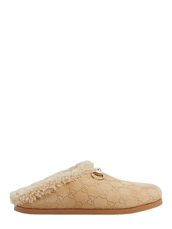Gucci Suede Shearling Horsebit Mules - Sand