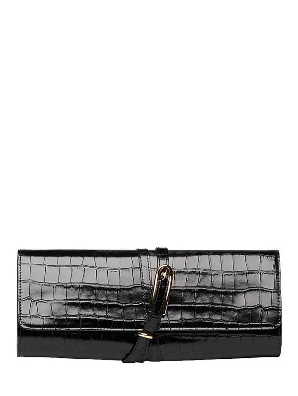 LIFFNER Leather Belted Clutch - Black Croc Embossed