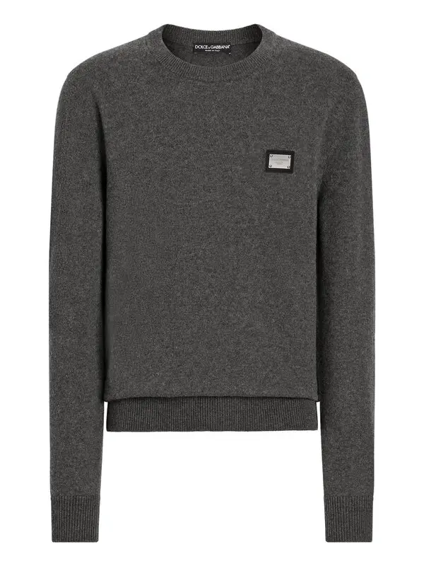 Dolce & Gabbana Wool Round-neck Sweater With Branded Tag - Grey