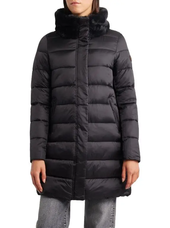 SAVE THE DUCK Dalea Longline Puffer Jacket With Faux Fur Collar - Black
