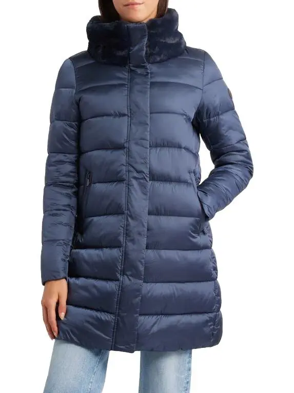 SAVE THE DUCK Dalea Longline Puffer Jacket With Faux Fur Collar - Night Blue