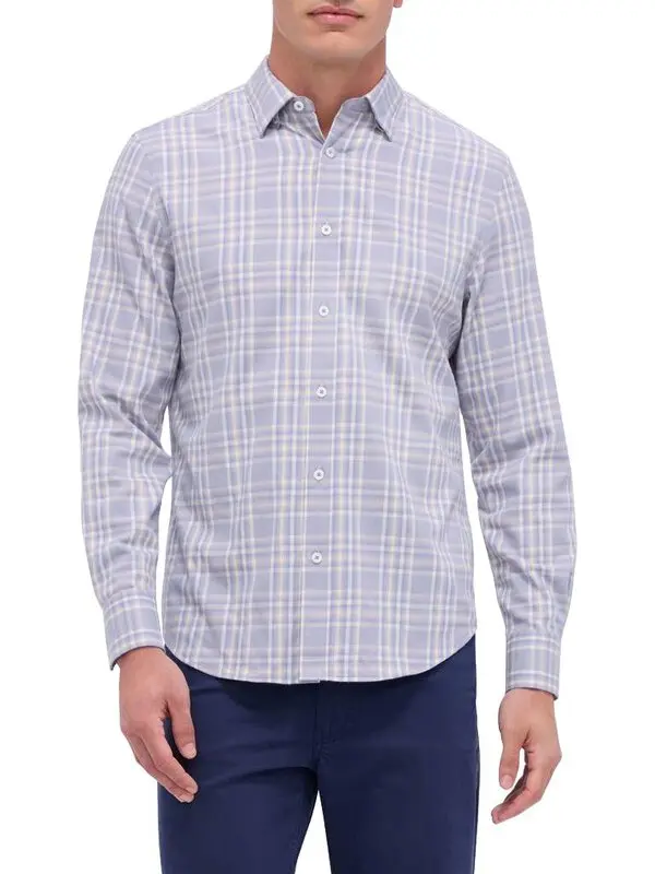 Bugatchi Karl Shaped Fit Plaid Performance Button-up Shirt - Air Blue