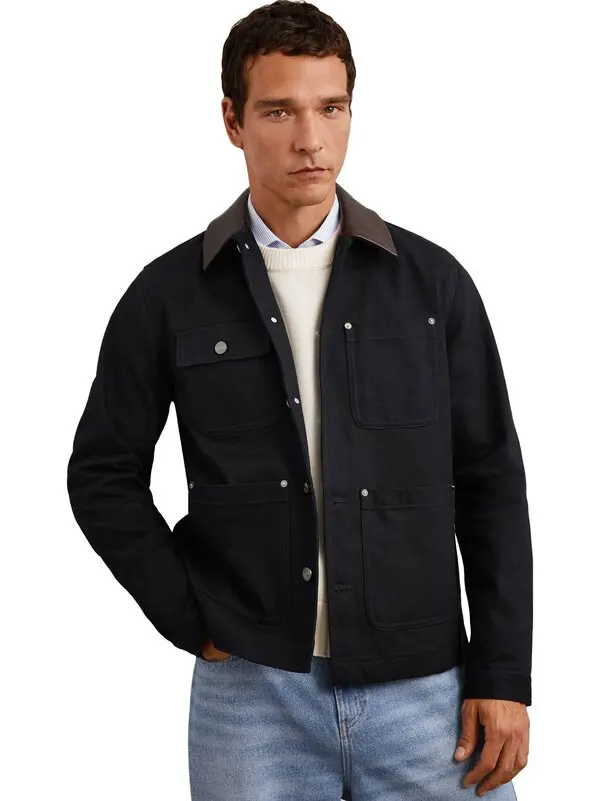 REISS Denim Worker Jacket With Leather-collar - Indigo Blue