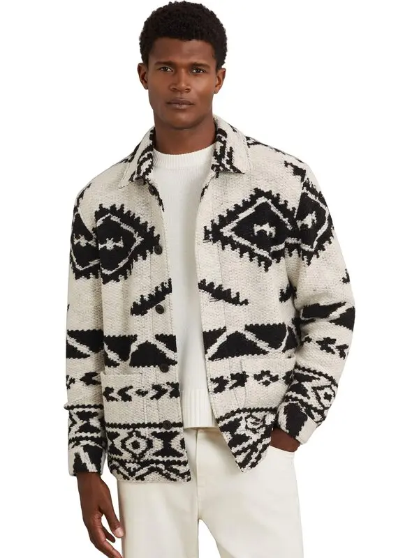 REISS Gillmore Fair Isle Jacquard Overshirt With Wool - Off White/black