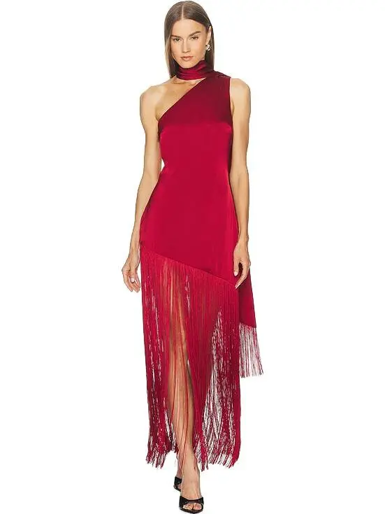 MICHAEL COSTELLO X Revolve One Shoulder Fringe Maxi Dress - Red