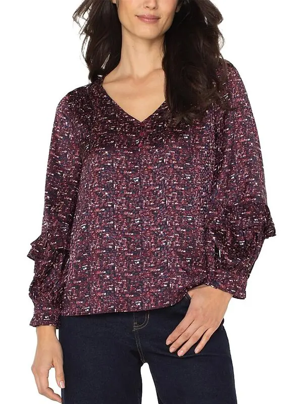 LIVERPOOL Ruffled Sleeve V-neck Top - Burgundy Multi