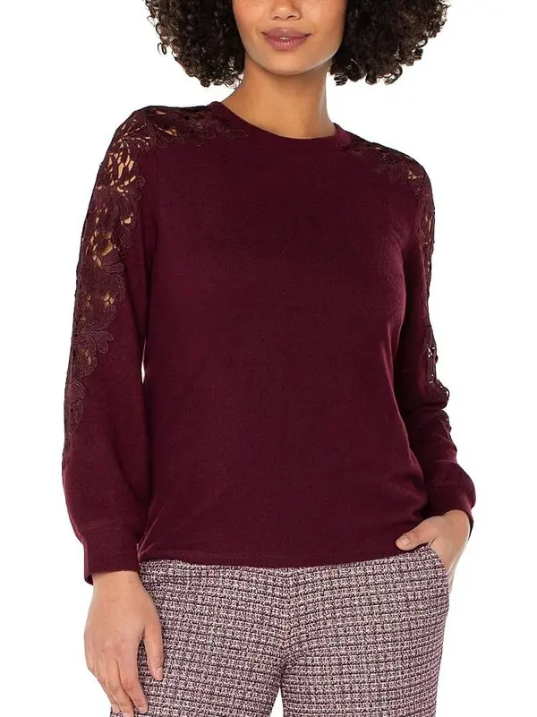 LIVERPOOL Lace Trim Crewneck Sweater - Burgundy