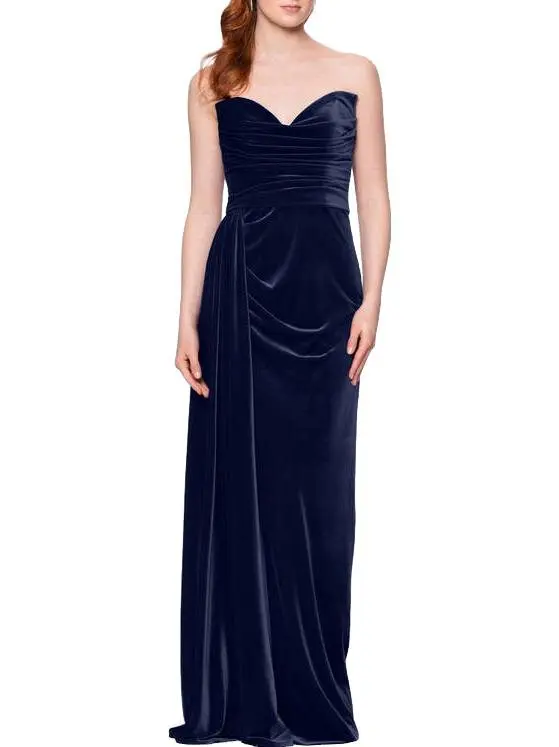 BLONDIE NITES Drape Strapless Velvet Gown - Navy