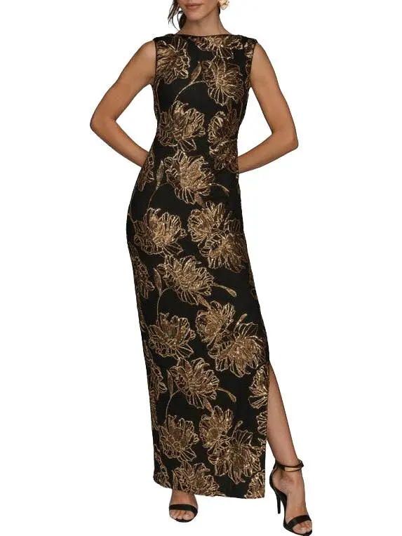 Donna Karan New York Sequin Floral Sleeveless Gown - Black/gold