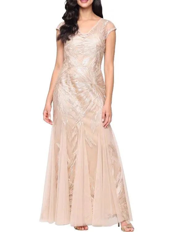 Alex Evenings Embroidered Tulle Godet Dress - Light Gold