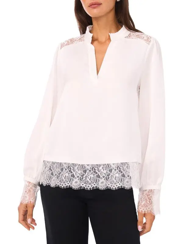Vince Camuto Ruffle And Lace Trim Hammered Satin Top - New Ivory