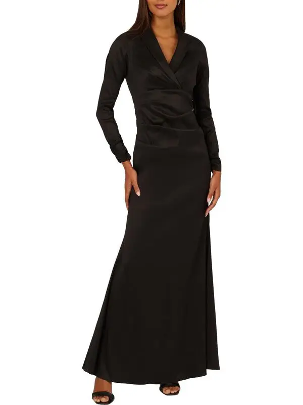 Adrianna Papell Long Sleeve Stretch Taffeta Tuxedo Gown - Black