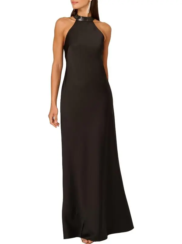 Adrianna Papell Embellished Mock Neck Stretch Satin Gown - Black