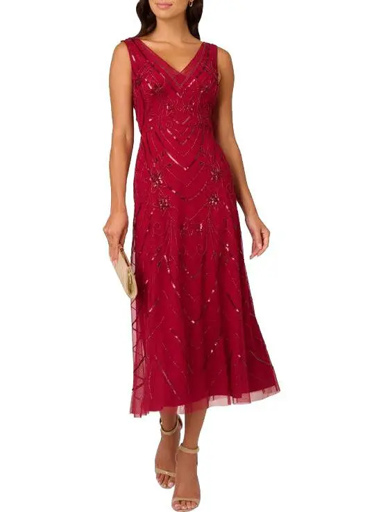 Adrianna Papell Embellished Mesh Cocktail Dress - Cranberry