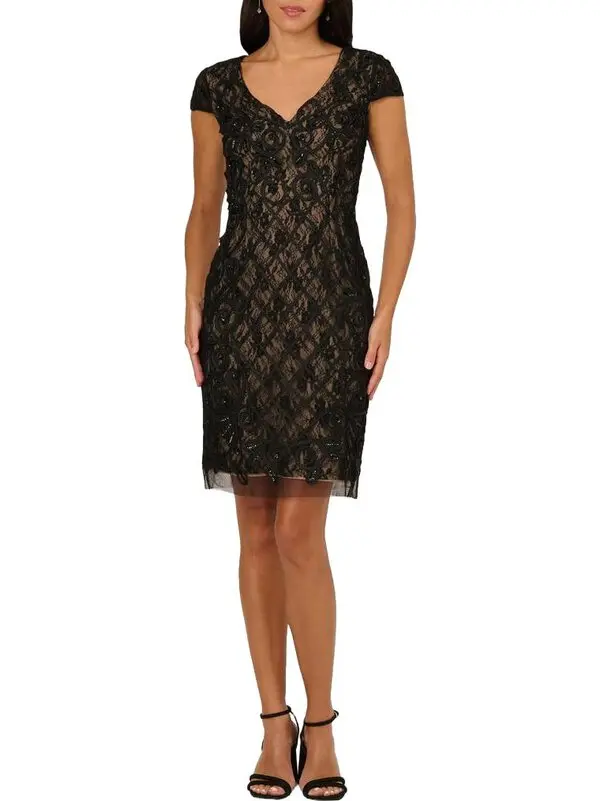 Adrianna Papell Beaded Soutache Lace Sheath Cocktail Dress - Black/beige