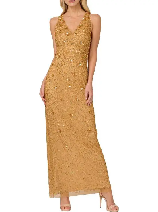 Adrianna Papell Beaded Sleeveless Column Gown - Golden Ray