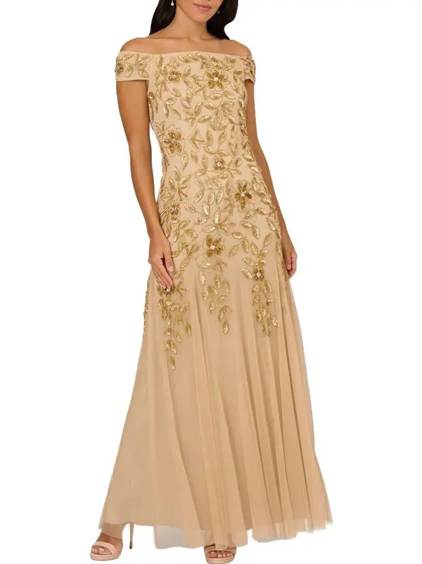 Adrianna Papell Sequin Floral Off-the-shoulder Gown - Champagne Gold