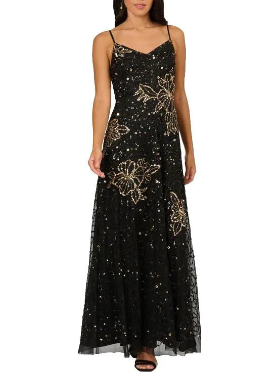 Adrianna Papell Sequin & Bead Floral Mesh Gown - Black/gold