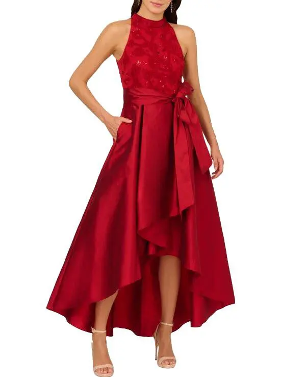 Adrianna Papell Floral Embroidered Beaded Taffeta High-low Gown - Red