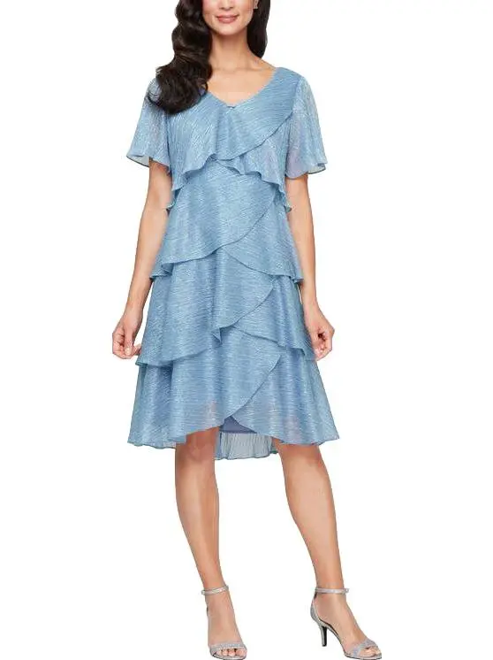 SL FASHIONS Embellished V-neck Tiered Cocktail Dress - Hydrangea
