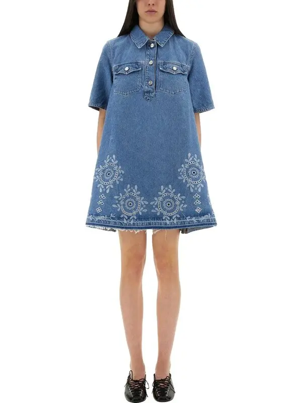 GANNI Mini Dress With Sangallo Embroidery - Denim