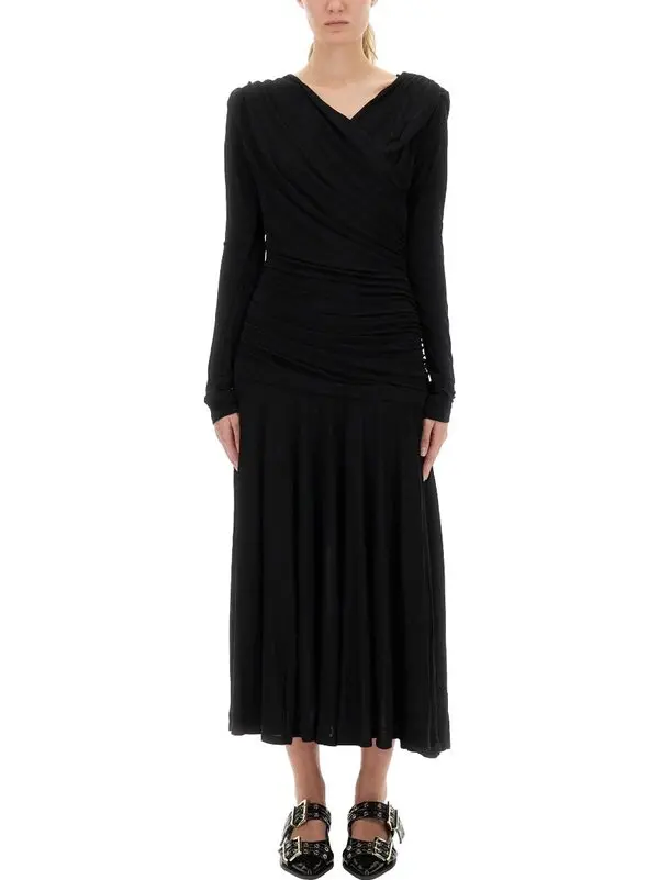 GANNI Gathered Midi Dress - Black