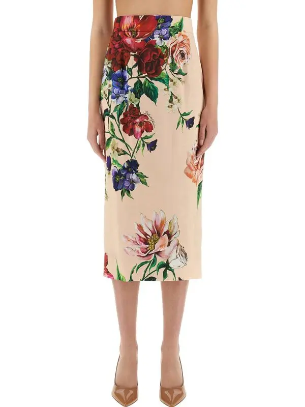 Dolce & Gabbana Flower Print Satin Midi Pencil Skirt - Pink