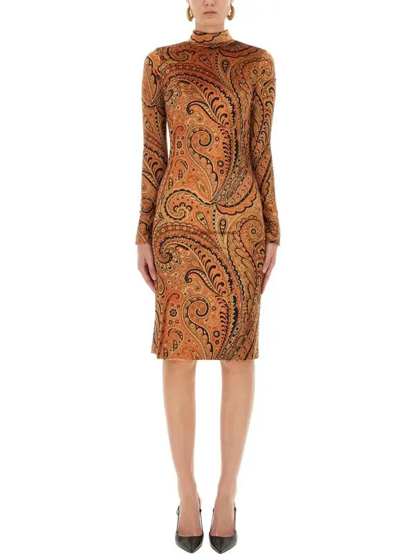 Etro Slim Fit Paisley Print Dress - Orange