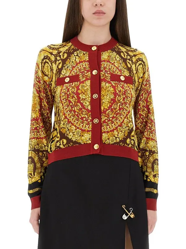 Versace Baroque Silk Knit Cardigan - Red