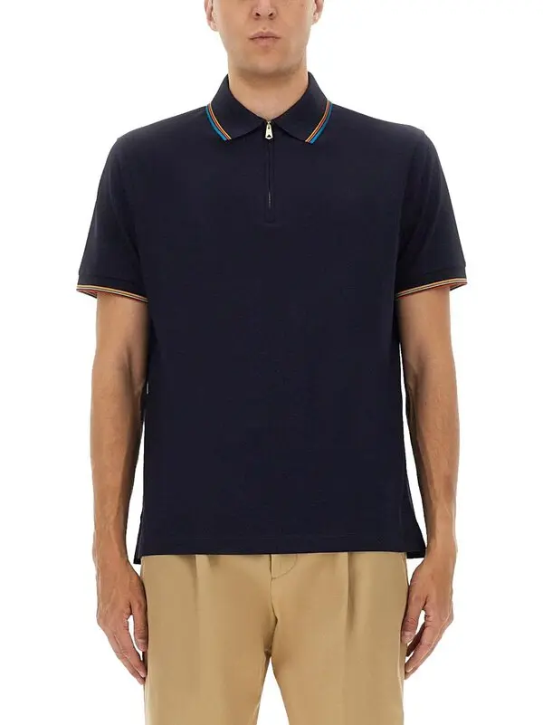 Paul Smith Cotton Polo Shirt With Zipper - Blue