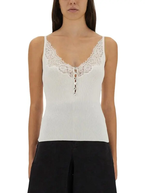 SELF-PORTRAIT Ribbed Knit Top With Lace - White