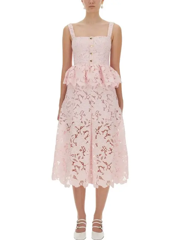 SELF-PORTRAIT Lace Midi Peplum Dress - Pink