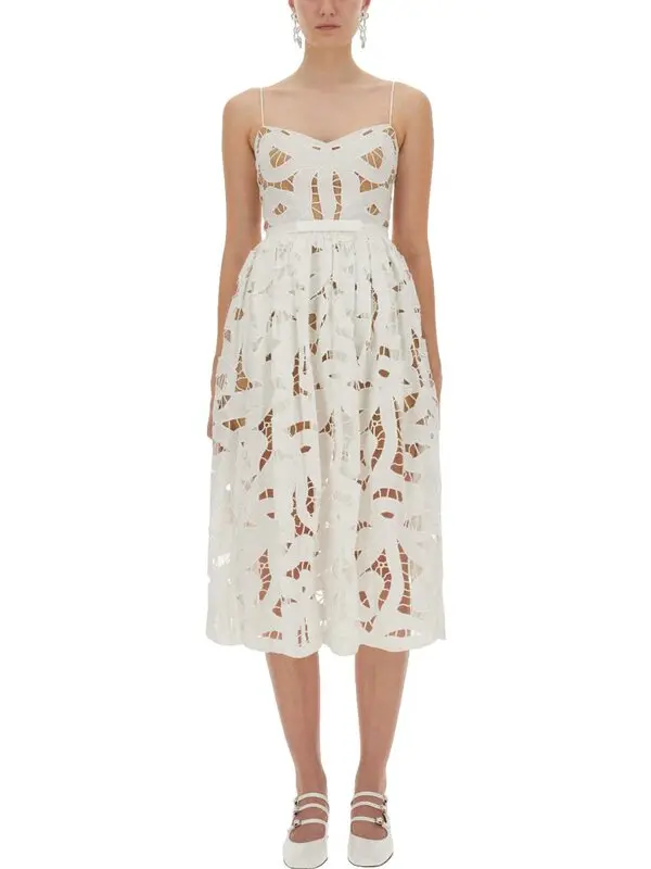 SELF-PORTRAIT Embroidered Midi Dress With Bow - White