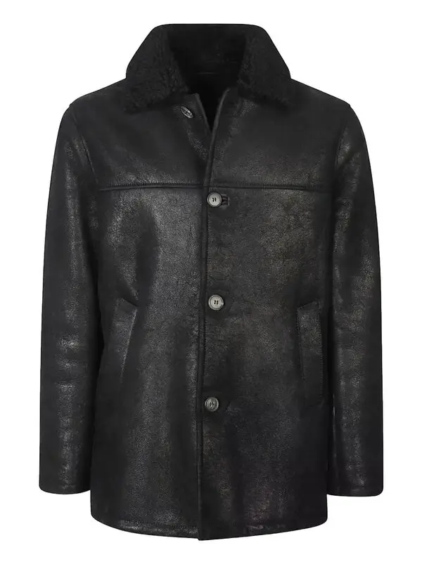 STEWART Shearling Collar Leather Jacket - Black