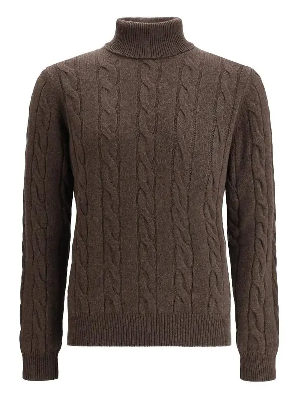 ARAGONA Woven Turtleneck Sweater - Brown