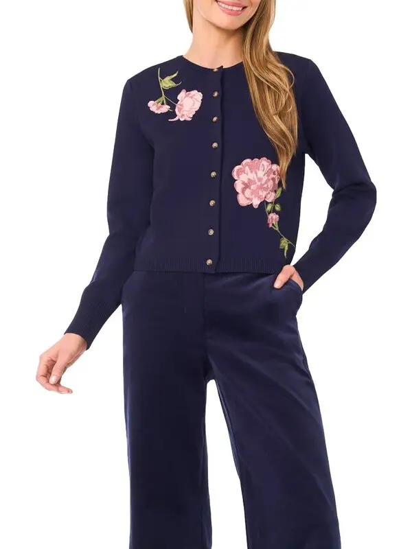 Ted Baker London Floral Embroidered Crewneck Cardigan - Baritone Blue